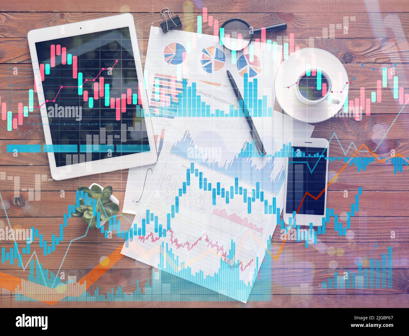 Double exposure of virtual screen with business diagrams, tablet ...