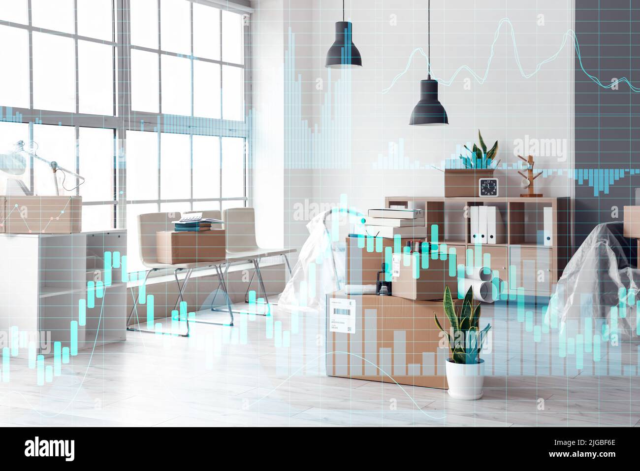 Double exposure of virtual screen with business diagrams and interior ...
