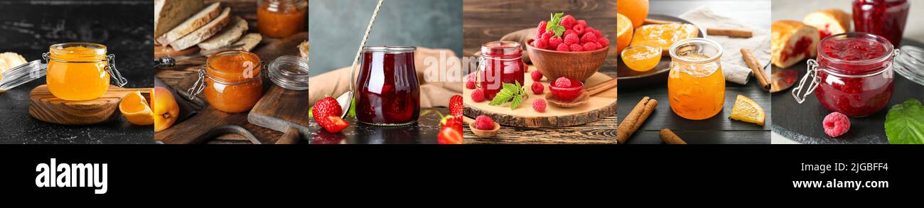 Collage with different types of sweet jam Stock Photo - Alamy