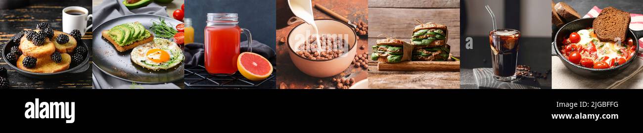 Set of tasty breakfasts on dark background Stock Photo - Alamy