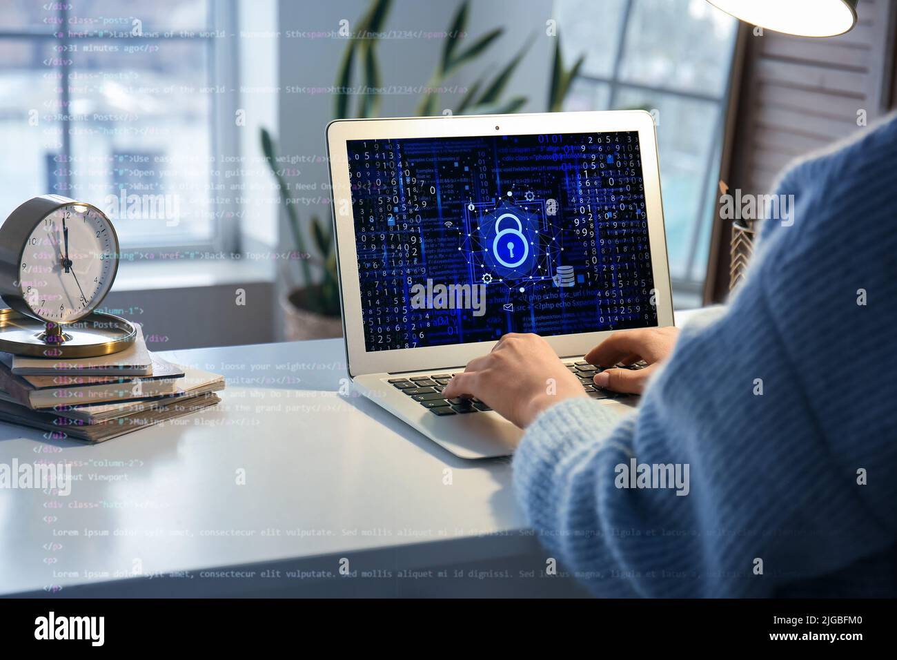 Young woman using laptop with locked screen at table. Concept of online ...