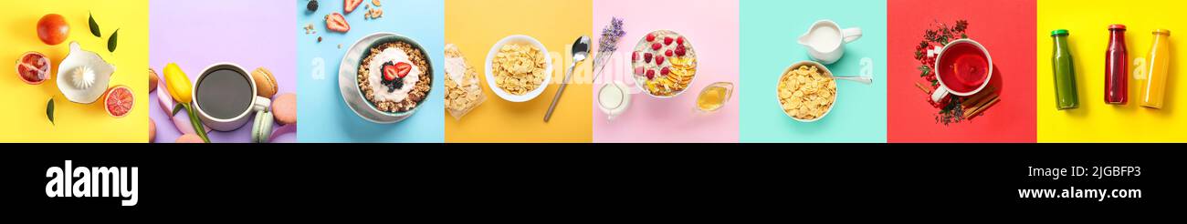 Collage of tasty breakfasts on color background, top view Stock Photo ...
