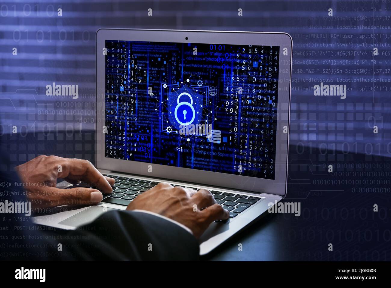 Businessman using laptop with locked screen. Concept of online safety ...