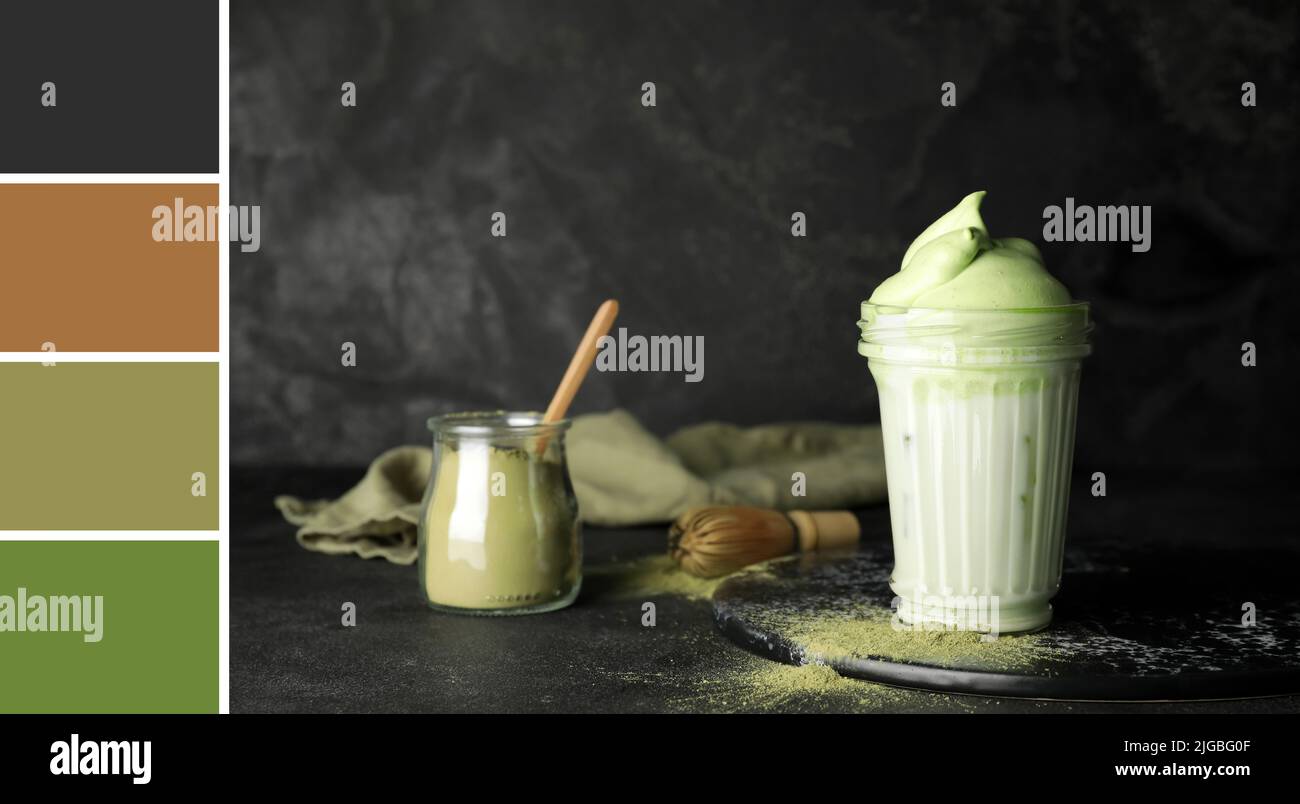 Composition with tasty dalgona matcha latte on dark background ...