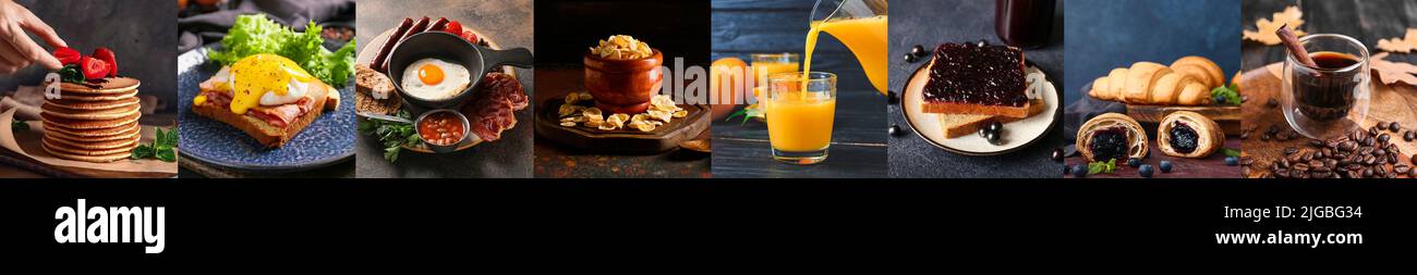 Set of tasty breakfasts on dark background Stock Photo - Alamy