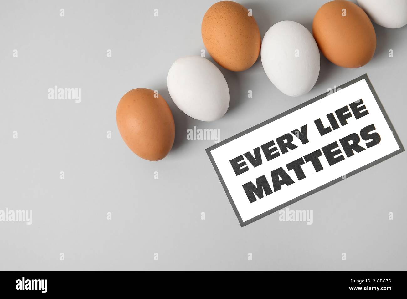 Chicken eggs and paper sheet with text EVERY LIFE MATTERS on grey ...