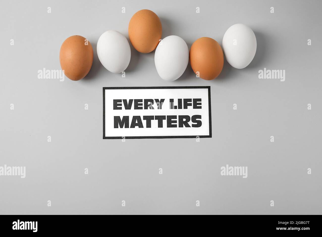 Chicken eggs and paper sheet with text EVERY LIFE MATTERS on grey ...