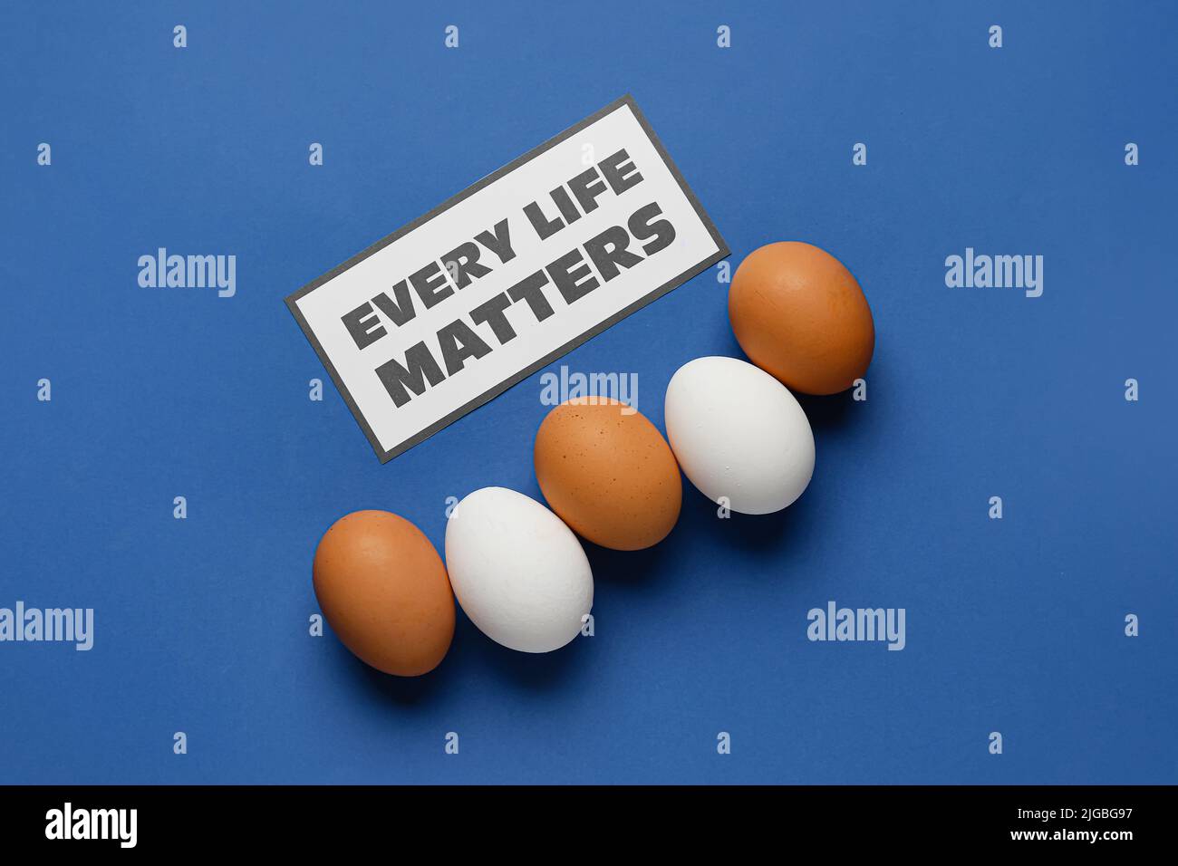 Chicken eggs and paper sheet with text EVERY LIFE MATTERS on color ...