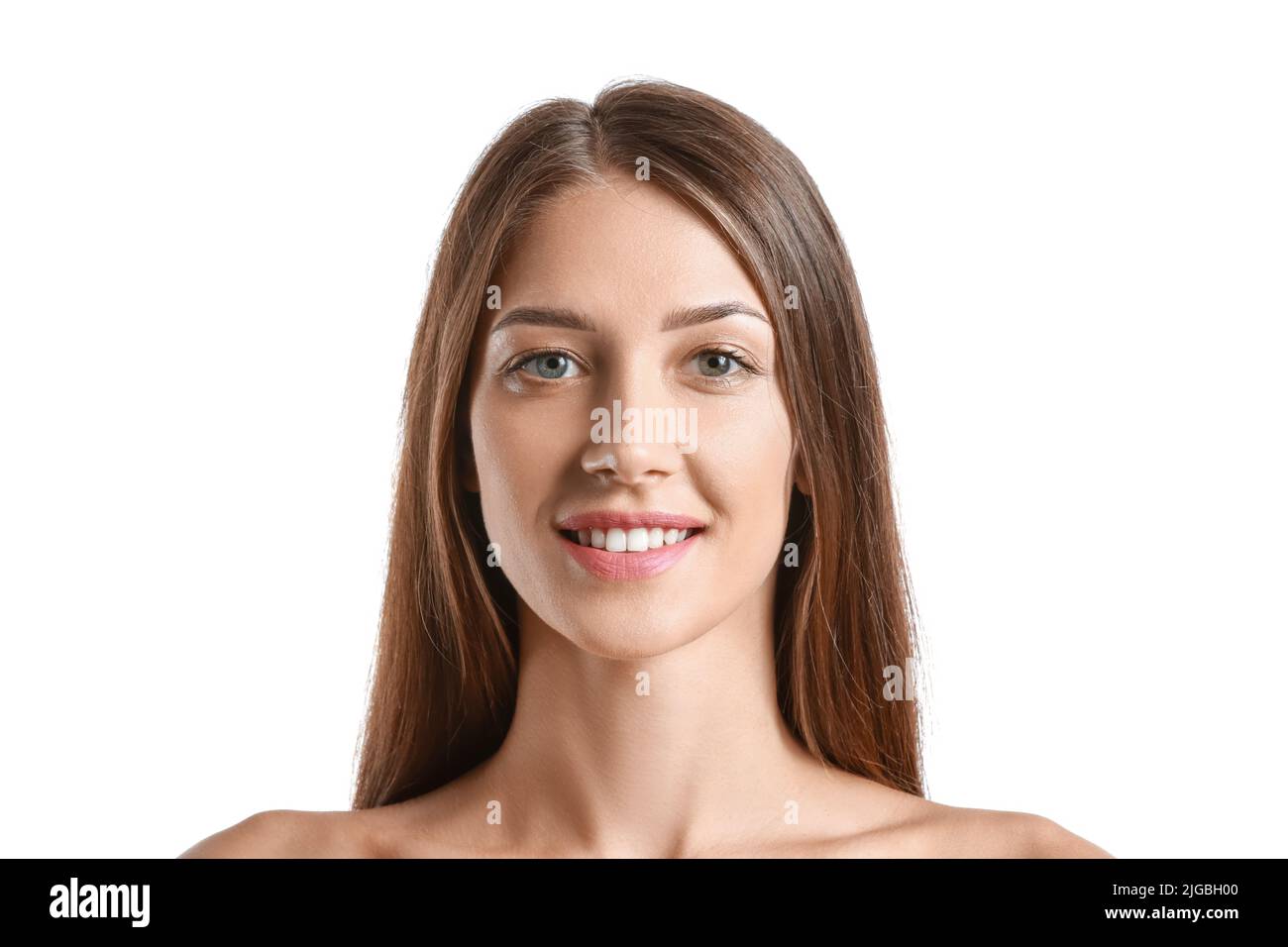 Young tanned woman on white background, closeup Stock Photo - Alamy
