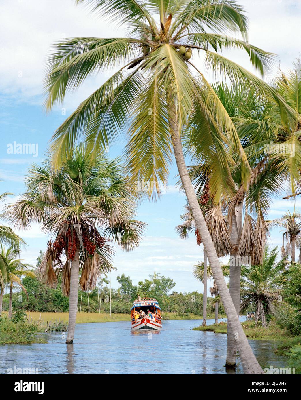A boat tour floats down the Rio Preguicas, Barreirinhas, Maranhao ...