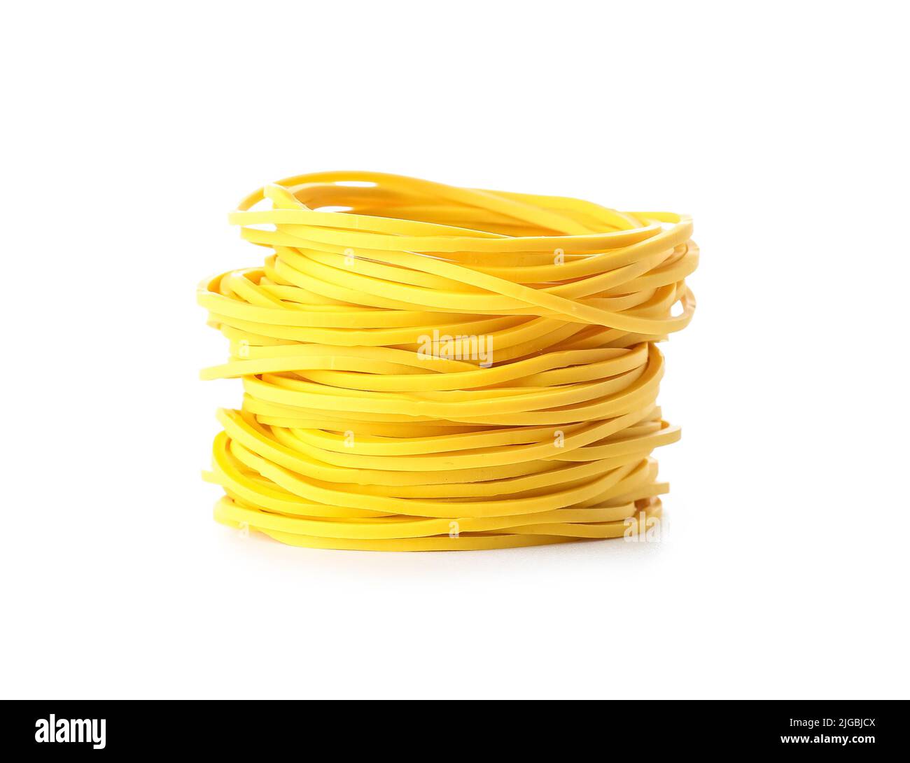 Stack of yellow rubber bands on white background Stock Photo - Alamy