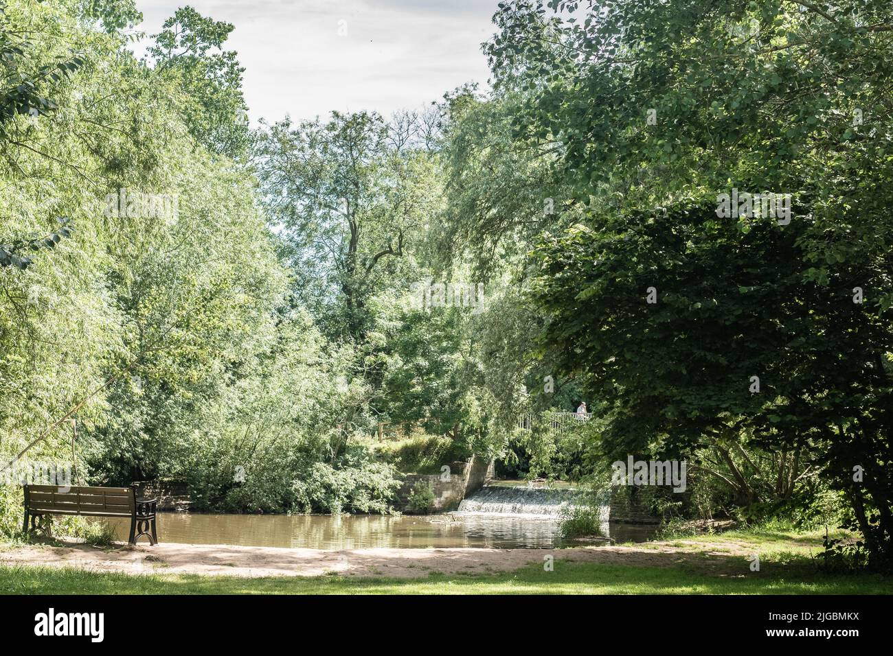 Nantwich Mill Island bench and River Weaver sunny day, Cheshire ...