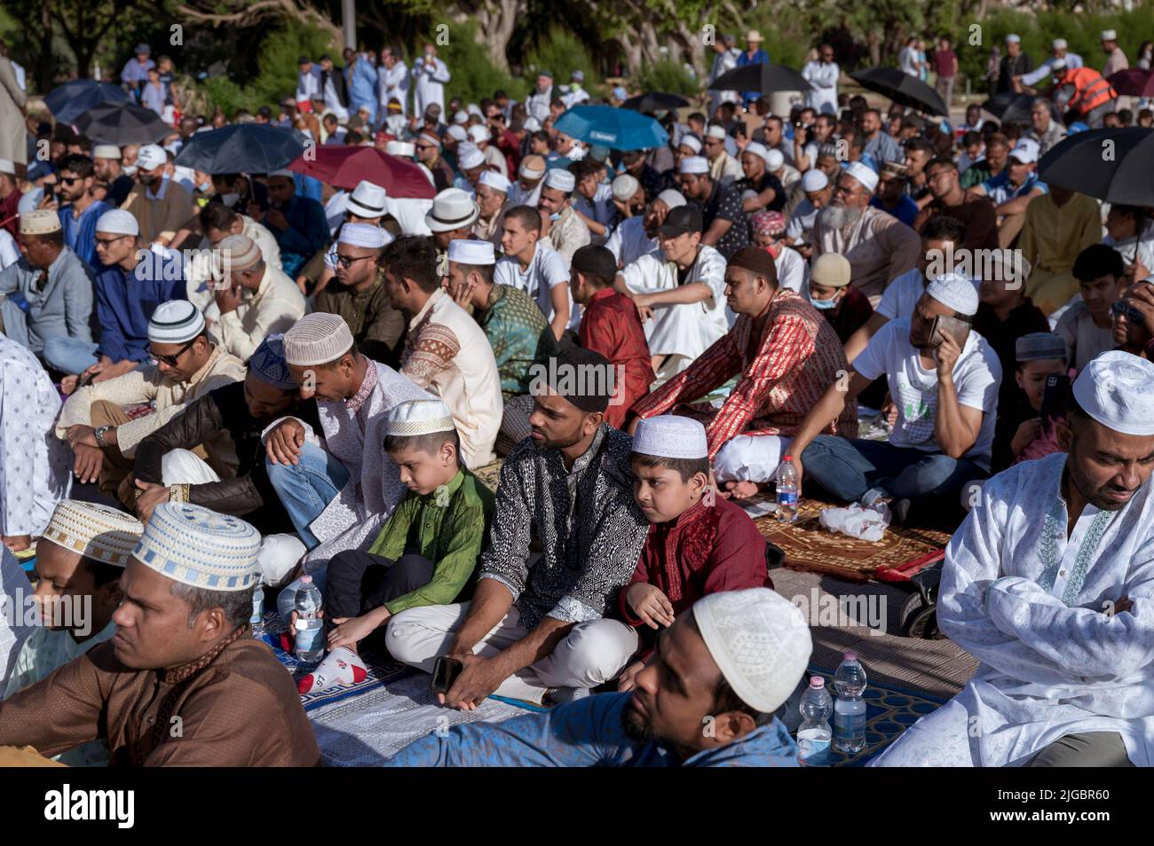 Palermo, Italy. 09th July, 2022. Muslims offer prayers. The Muslim ...
