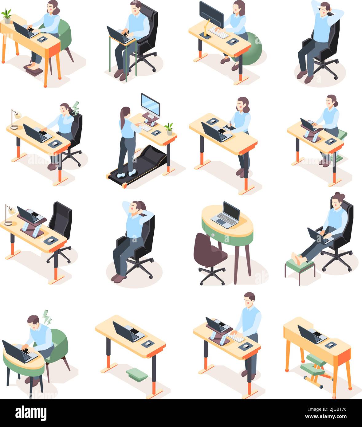Set of isolated ergonomic workplace isometric icons with human ...