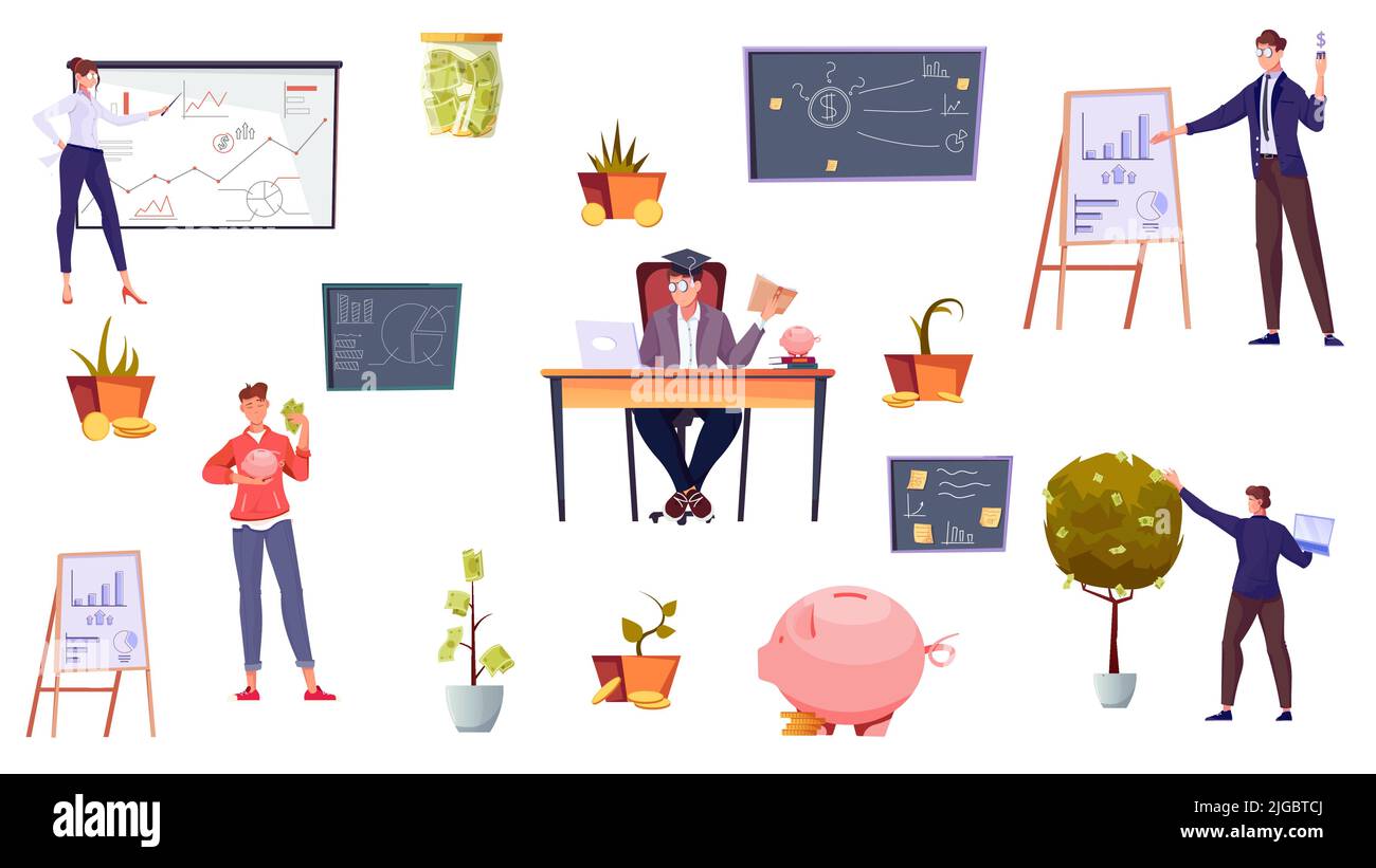 Investment set with flat icons of boards with graph drawings money ...