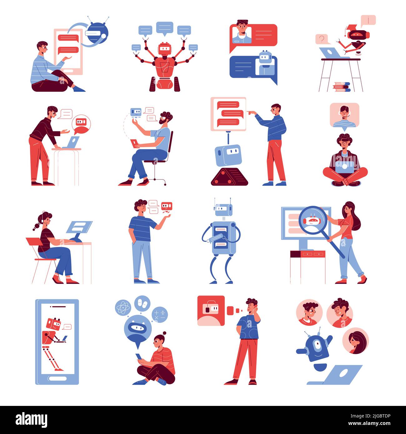 Customer support chatbot service flat icons set with business manager ...
