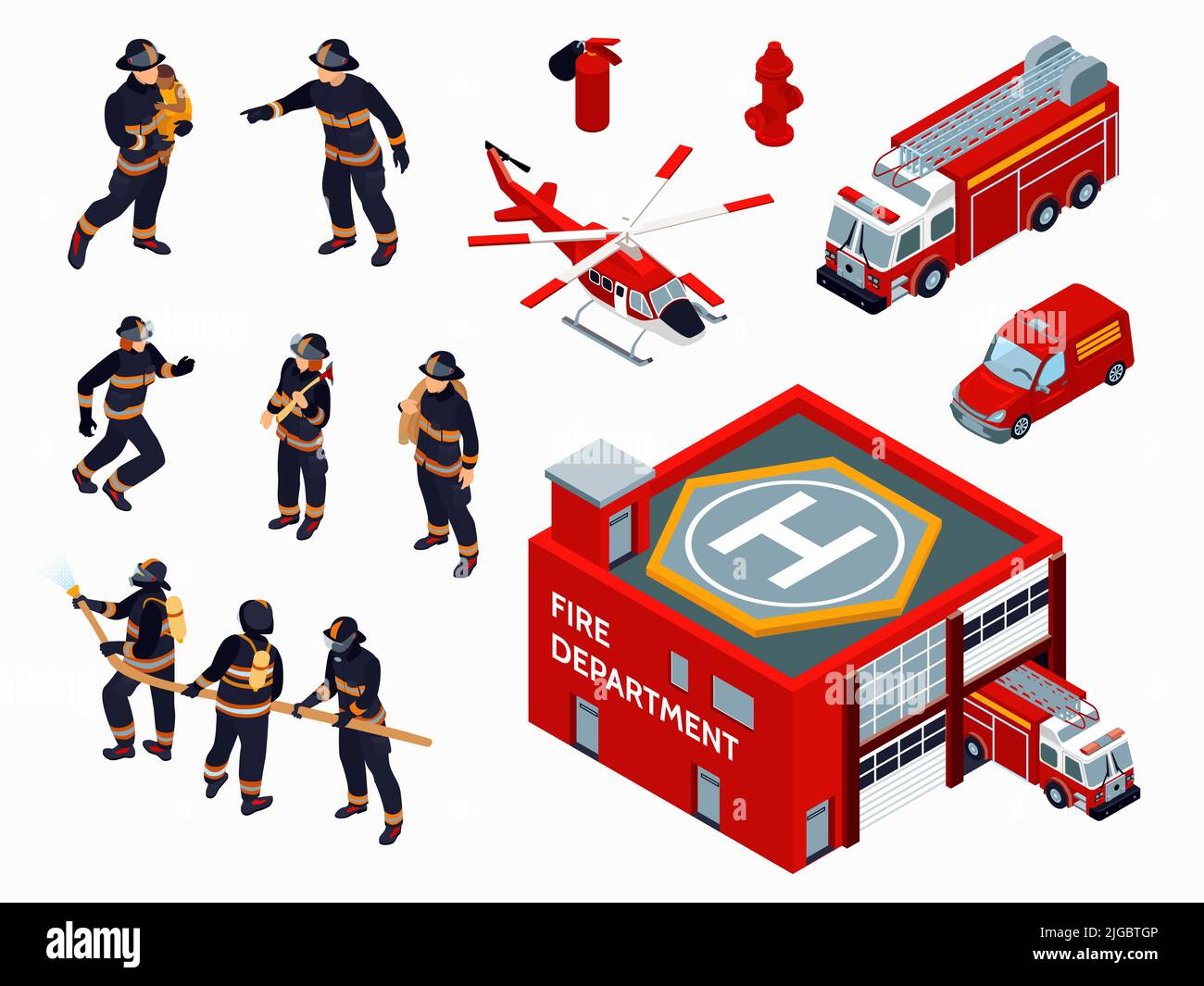 Fire department isometric icons set with firefighters in uniform ...