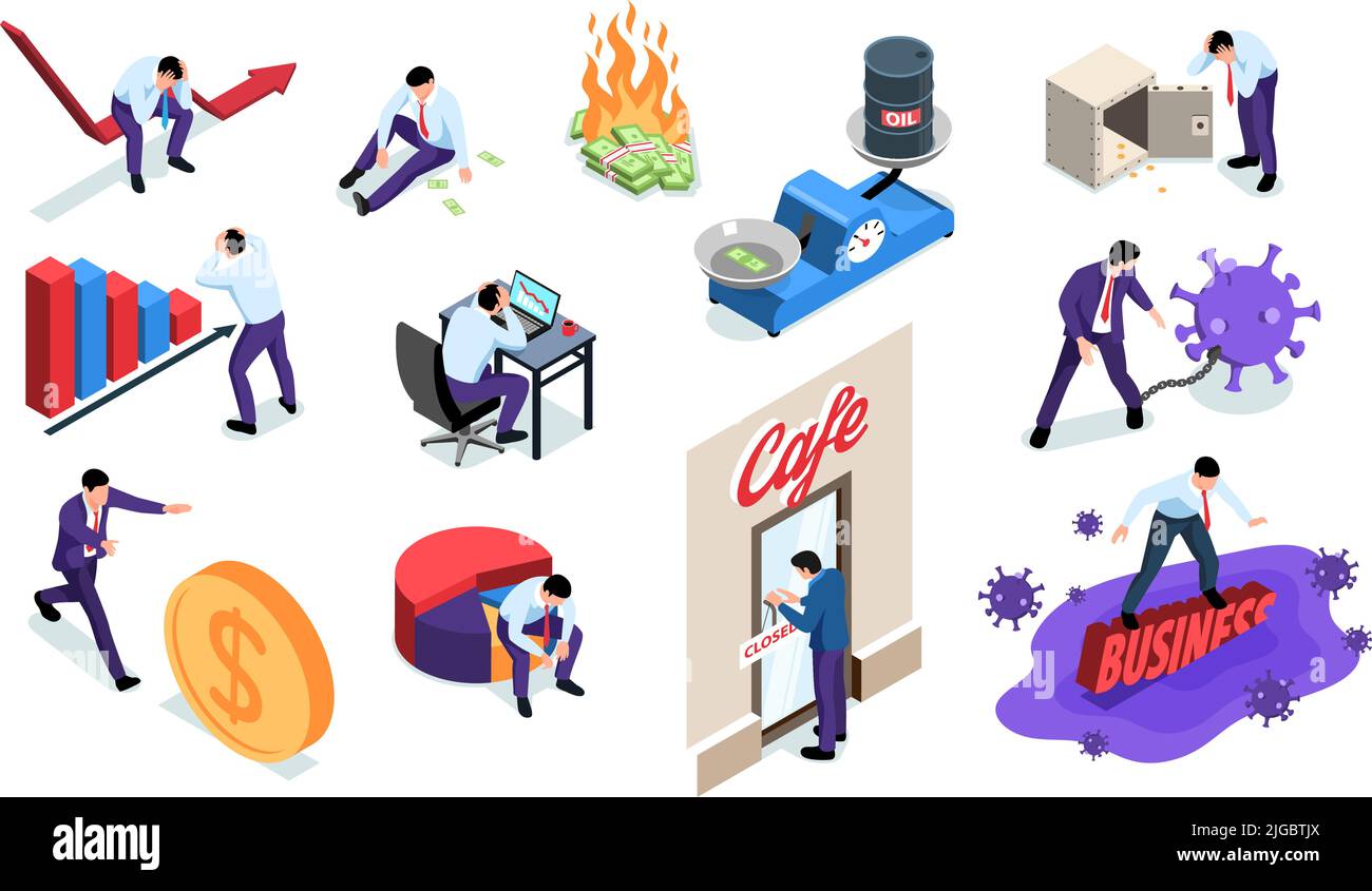 Isometric world financial crisis set with isolated human characters of ...