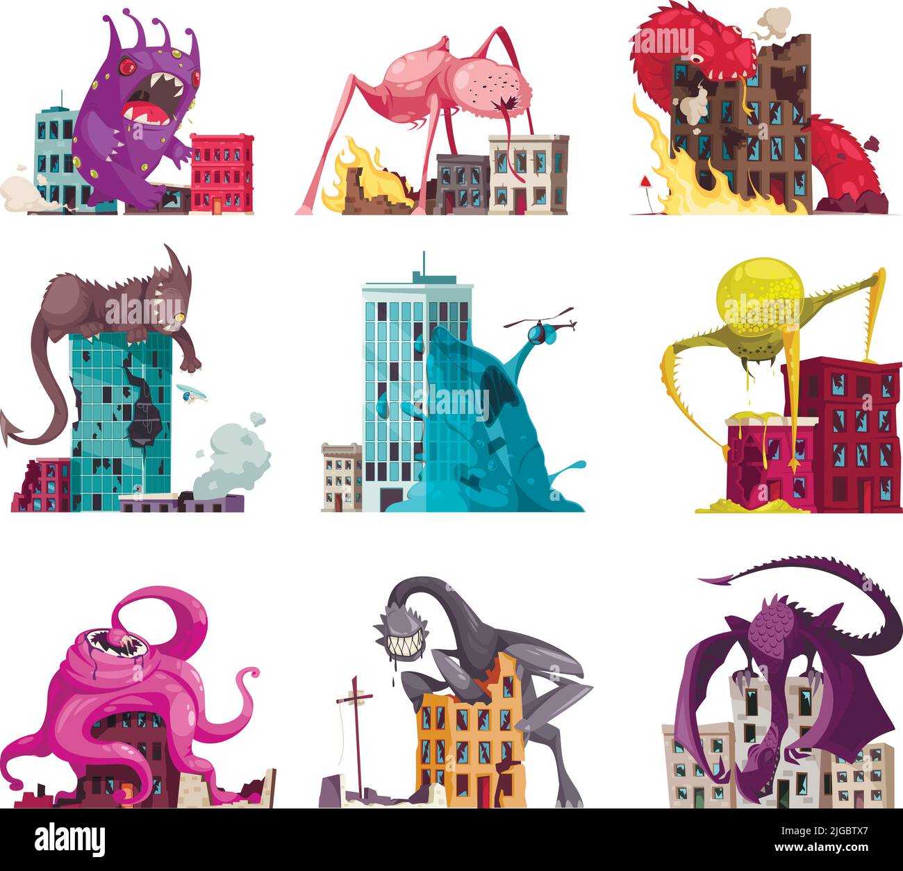 Monster attacking icon set different scary monsters they hunt villagers ...