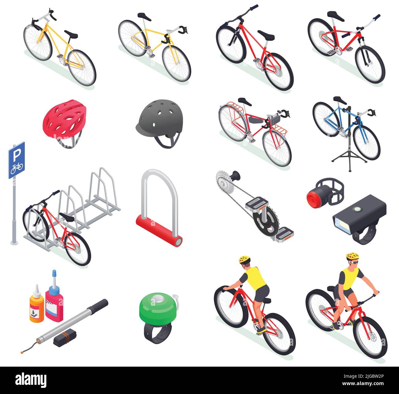 Bicycle isometric set of isolated icons of bikes of different models ...