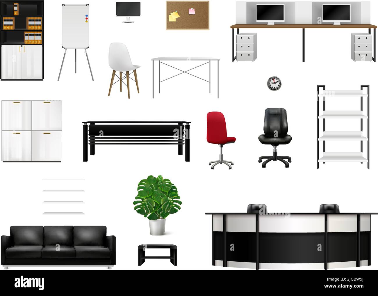 Office interior elements realistic icon set with stylish chairs tables ...