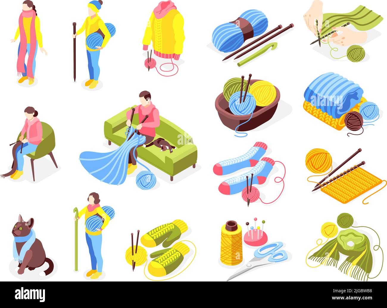 Knitting isometric icons set with hobby symbols isolated vector ...