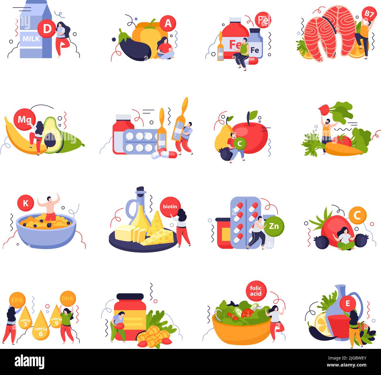Vitamins in products icons set with fruit and vegetables flat isolated ...