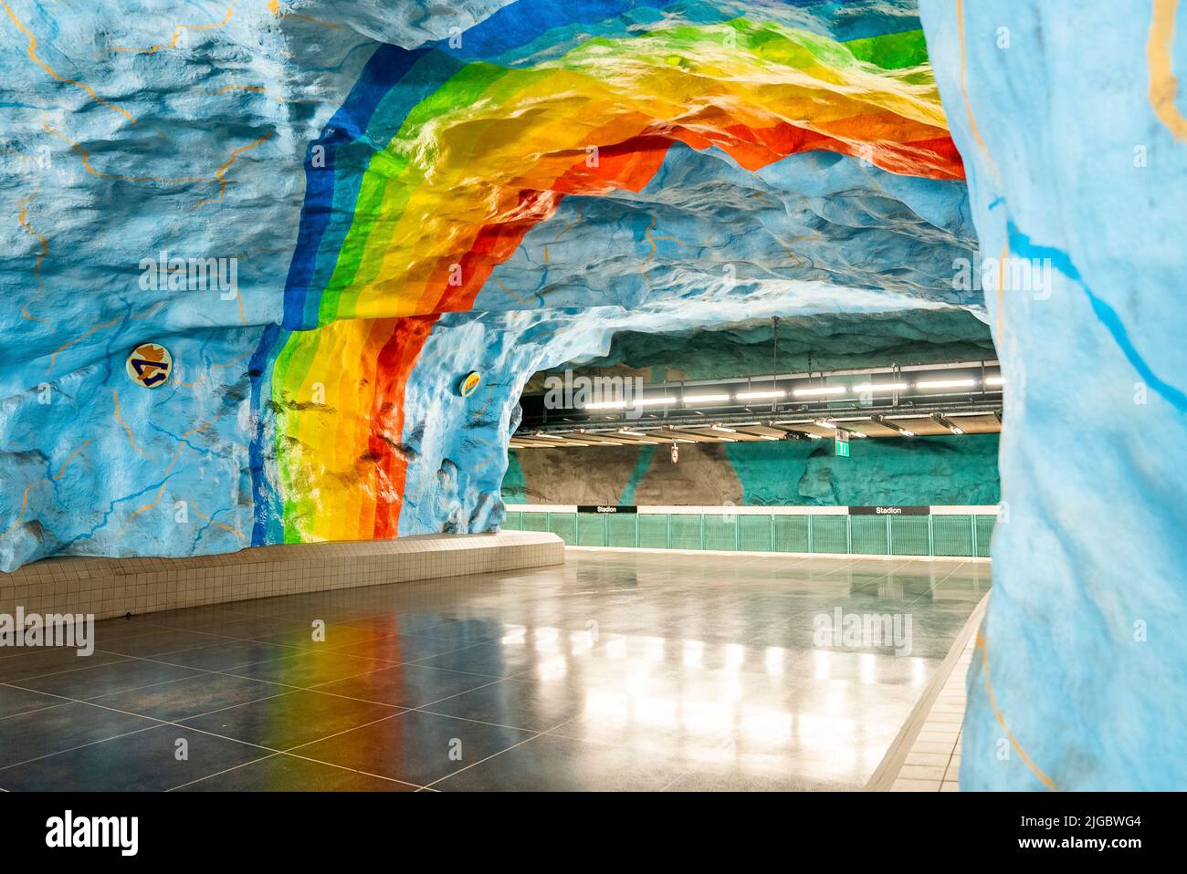 Interior of rainbow painted subway of famous underground Stadion ...