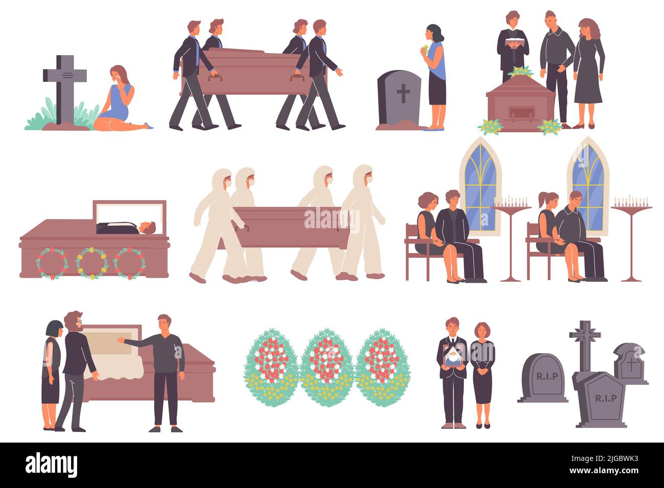 Funeral services set with flat icons and isolated images of graves ...