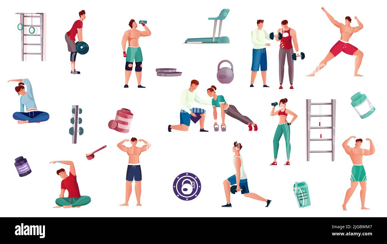 Bodybuilding icons set with sports equipment nutrition and people ...