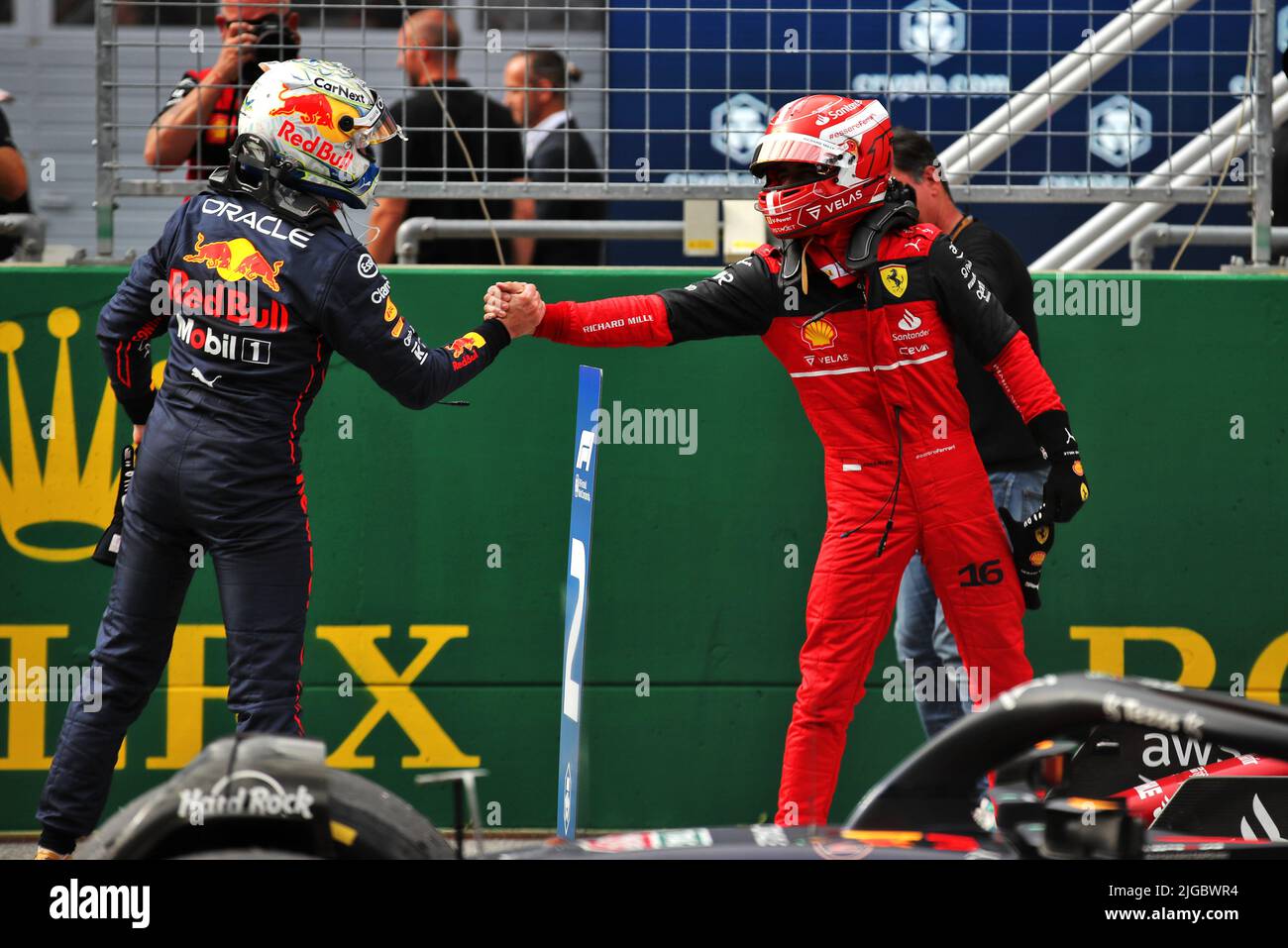(L to R): Max Verstappen (NLD) Red Bull Racing celebrates in parc ferme ...