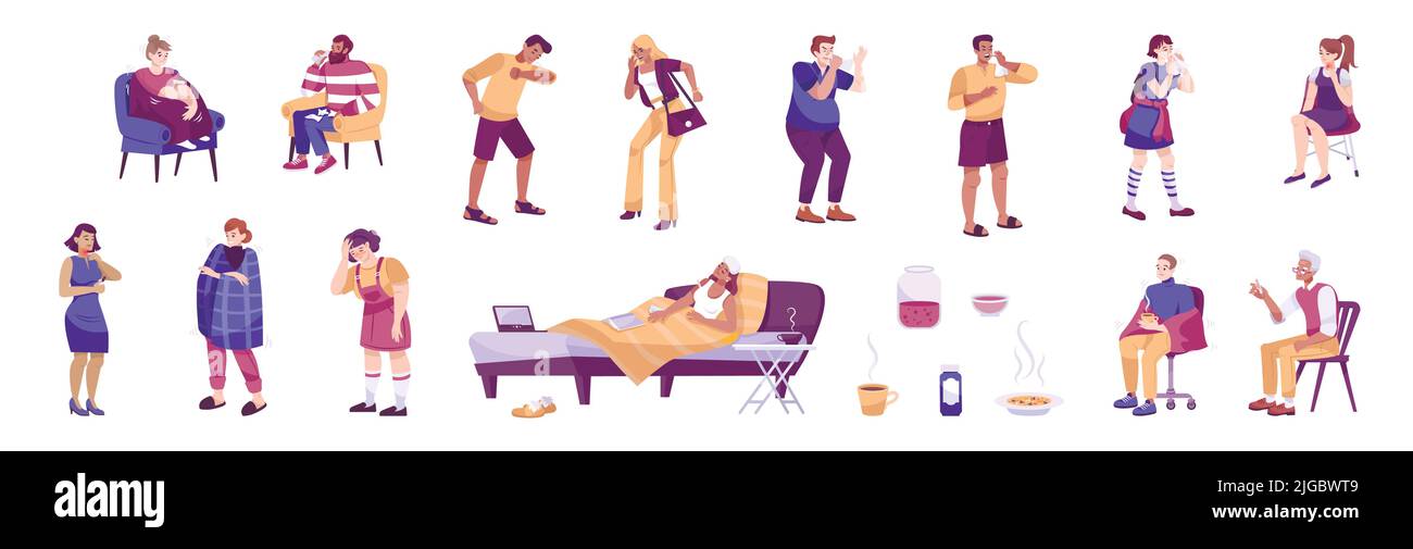 Set of isolated colds symptoms icons and flat characters of people ...