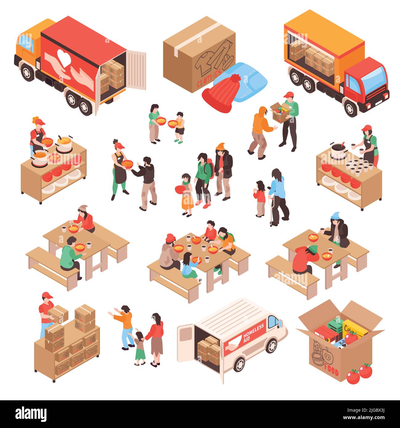 Charity isometric set of volunteers delivering food to homeless and ...