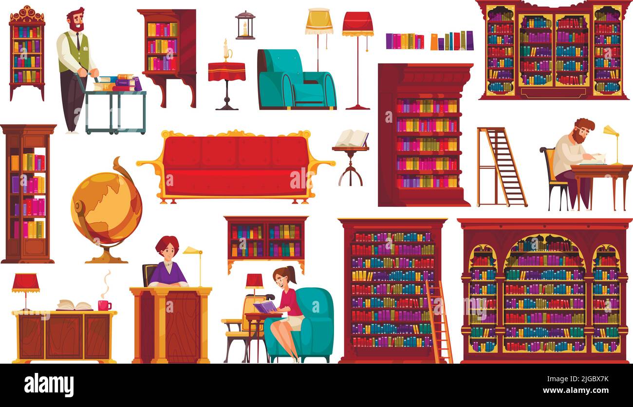 Old library interior icons set with pieces of furniture librarian ...