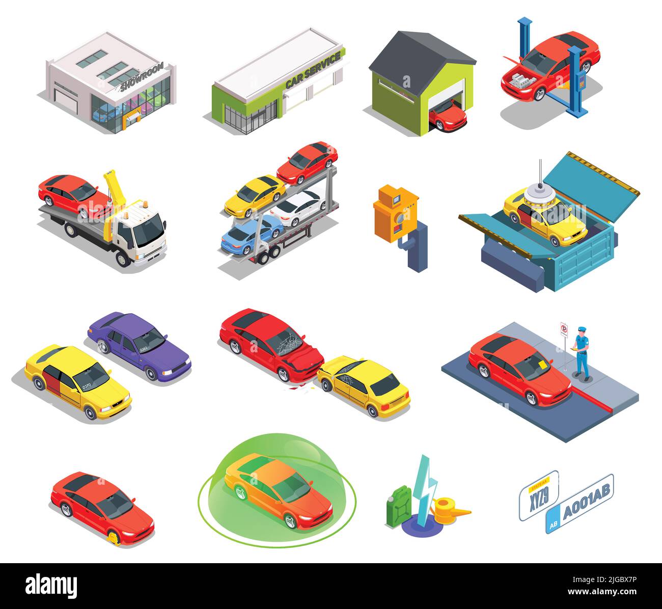 Car ownership usage isometric set of isolated icons buildings and ...