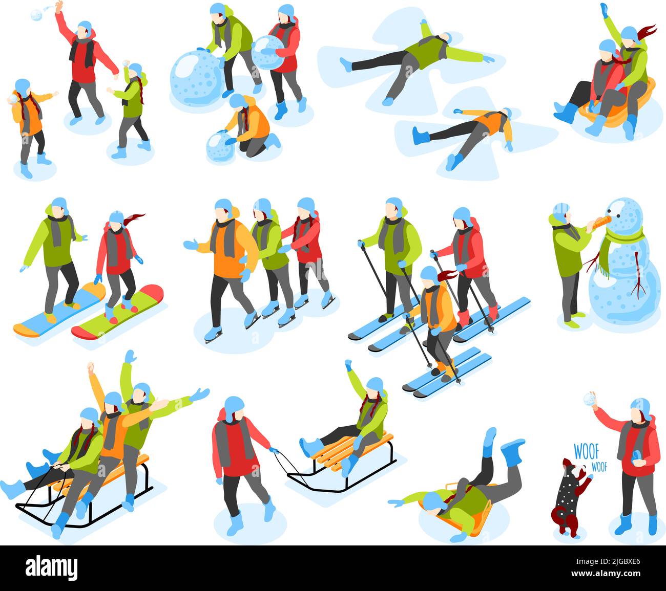 Winter fun isometric icons set with sleighing skiing snowboarding ...