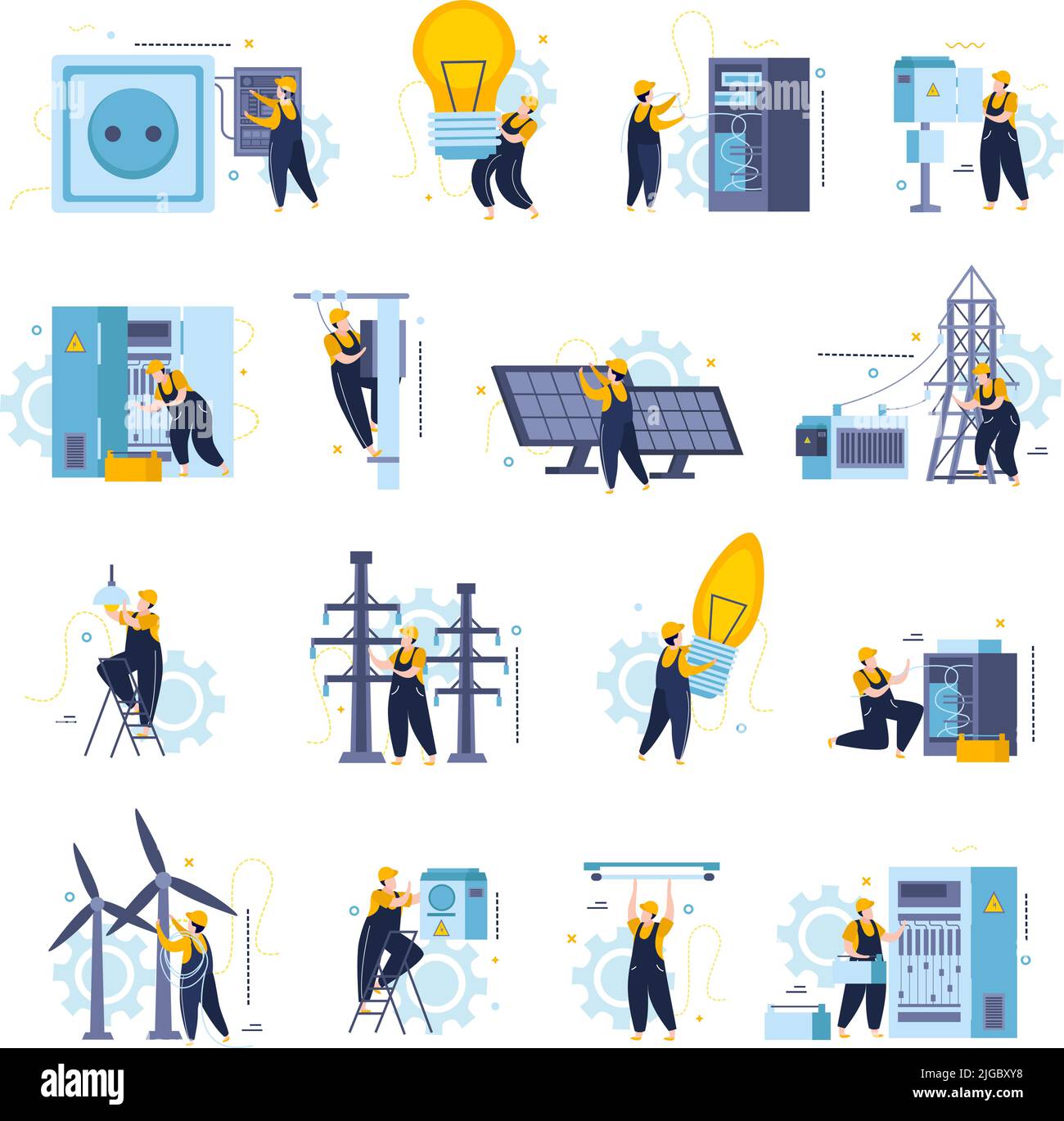 Electricity and lighting flat set of isolated icons with power lines ...