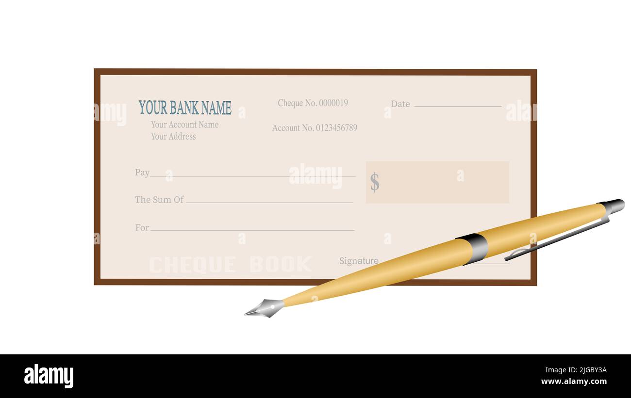 Cheque book in brown color with yellow and silver pen in white ...