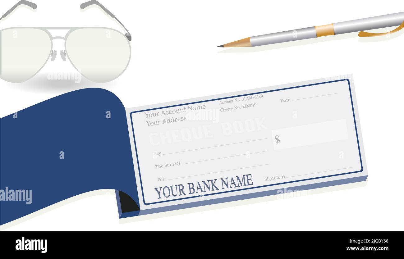 Cheque book in soft green color with red pen and hot coffee in red mug ...