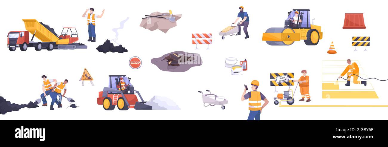 Road repair flat icon set workers in special uniforms machines and ...