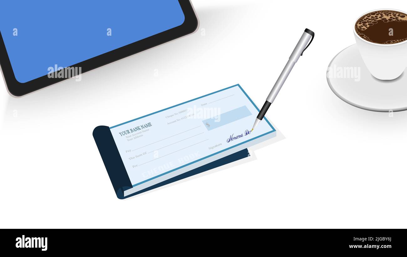 Cheque book in Black and brown color with Bright blue and silver pen in ...