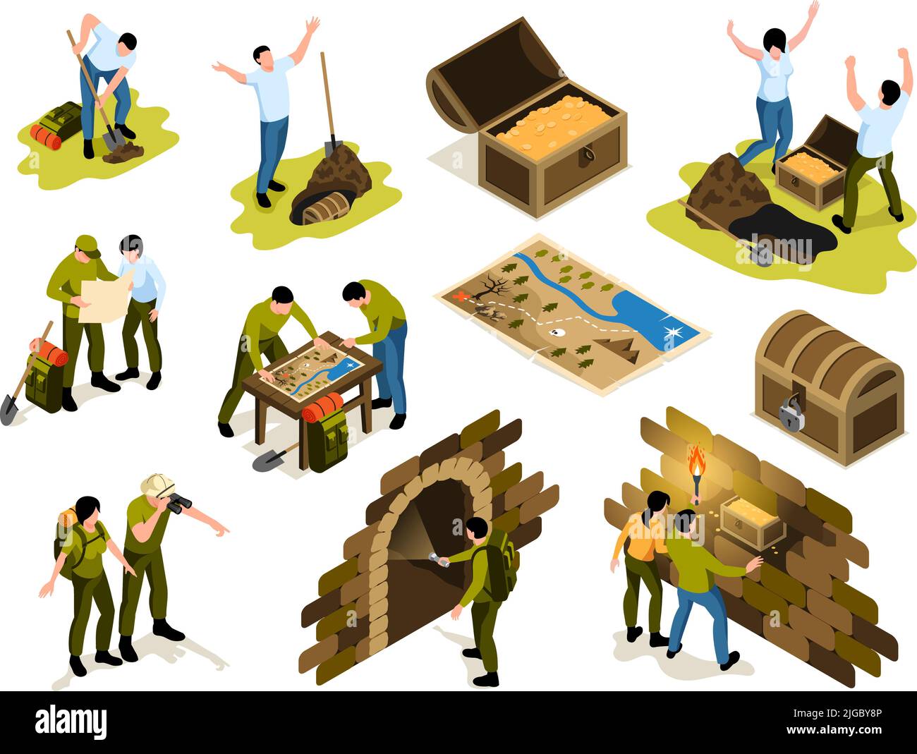 Isometric treasure hunt set of isolated icons of map chest and human ...