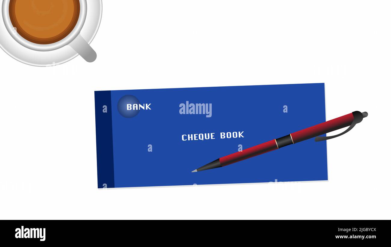 Cheque book in blue color with red and black colors pen with hot coffee ...