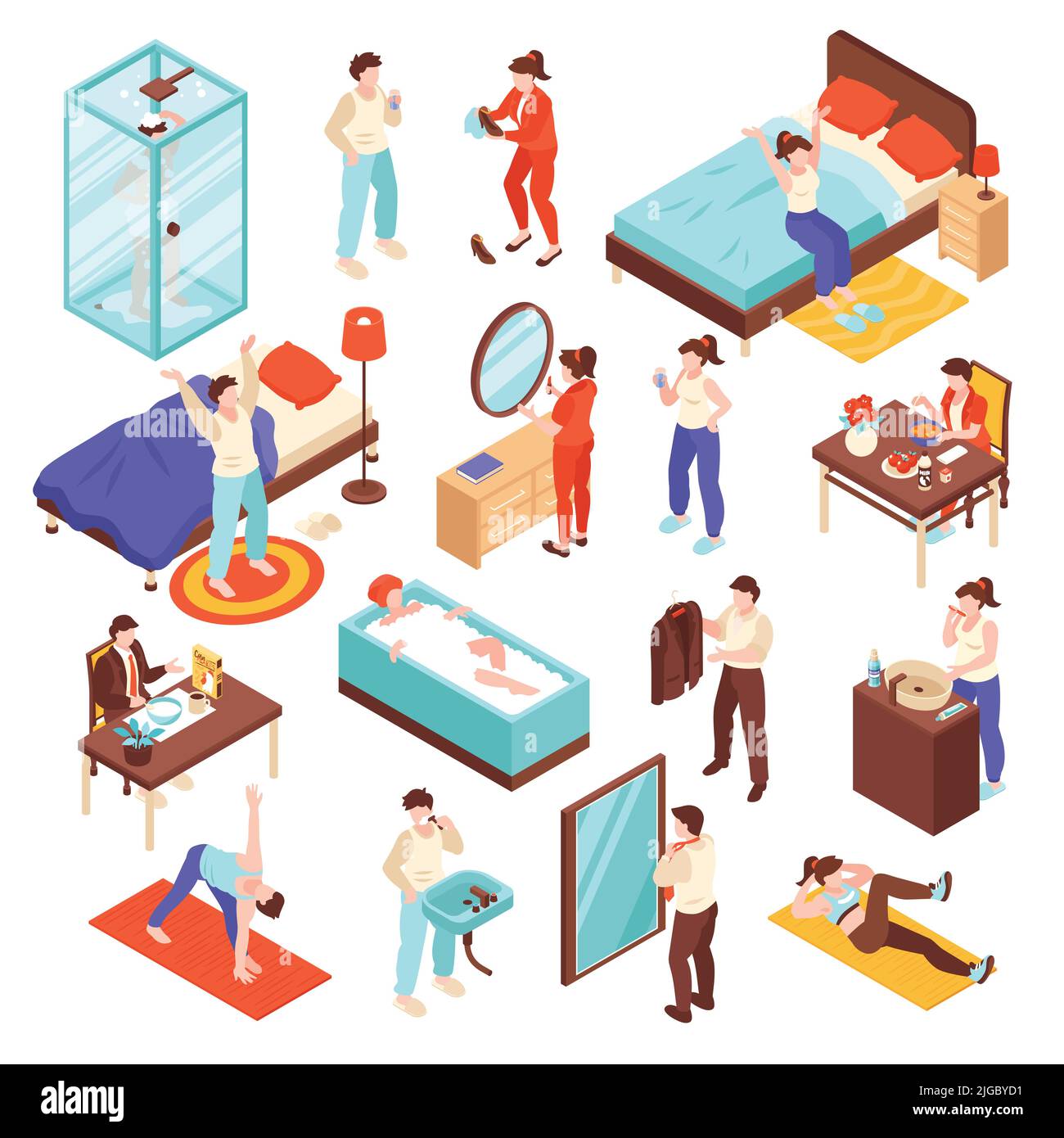 Morning routine isometric set with bath makeup and sports symbols ...