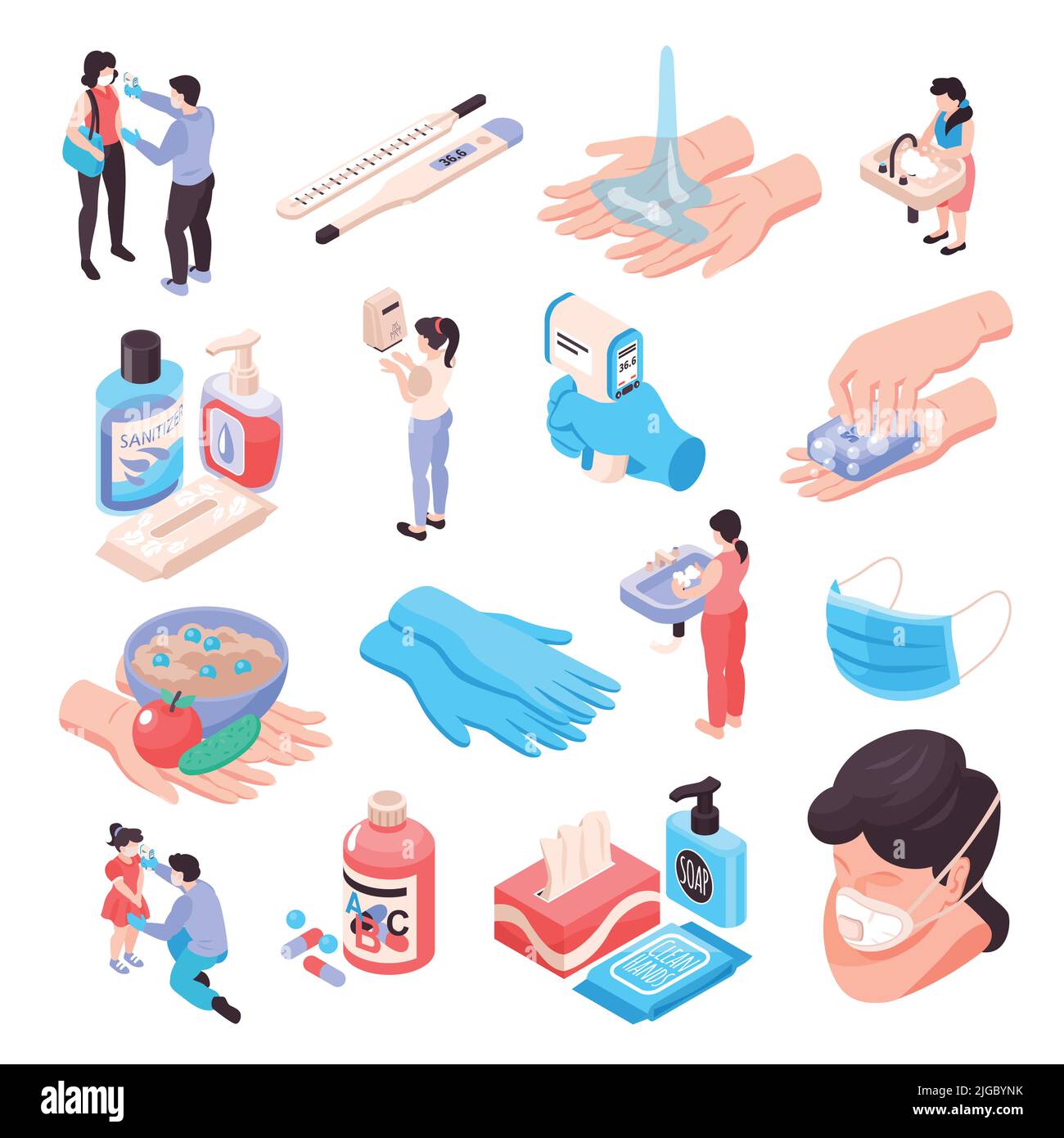 Infection prevention set with healthcare symbols isometric isolated ...