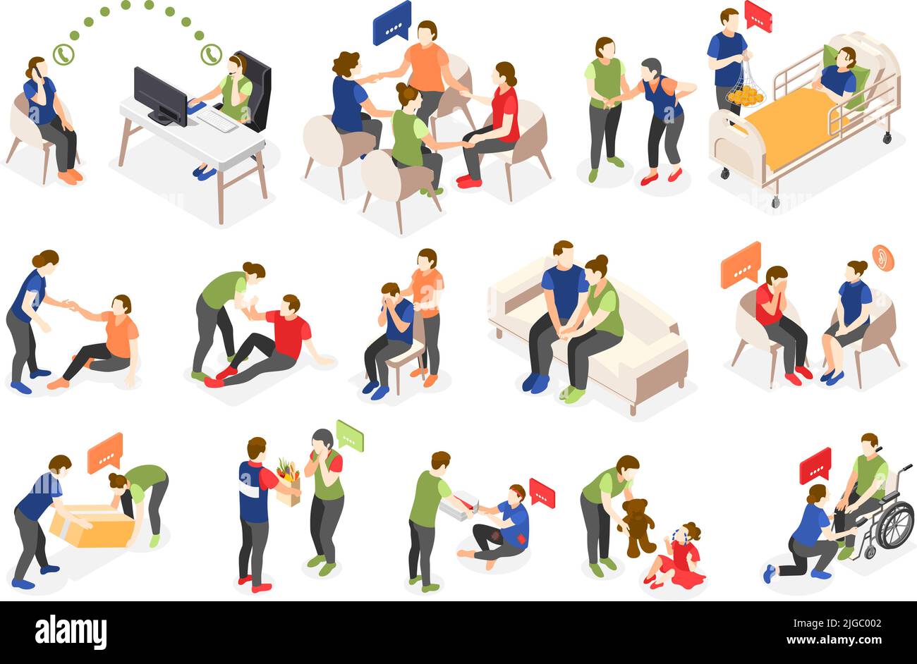 Mutual help isometric icons set with psychological assistance symbols ...