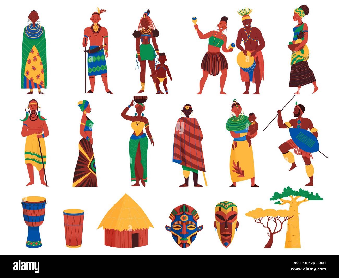 Africa set of isolated icons and human characters of black people in ...