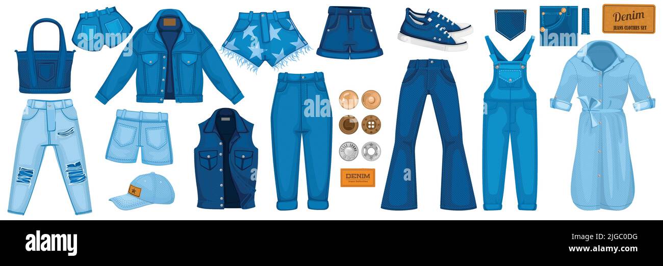 Set with isolated icons of jeans denim pieces of clothing with cut offs ...