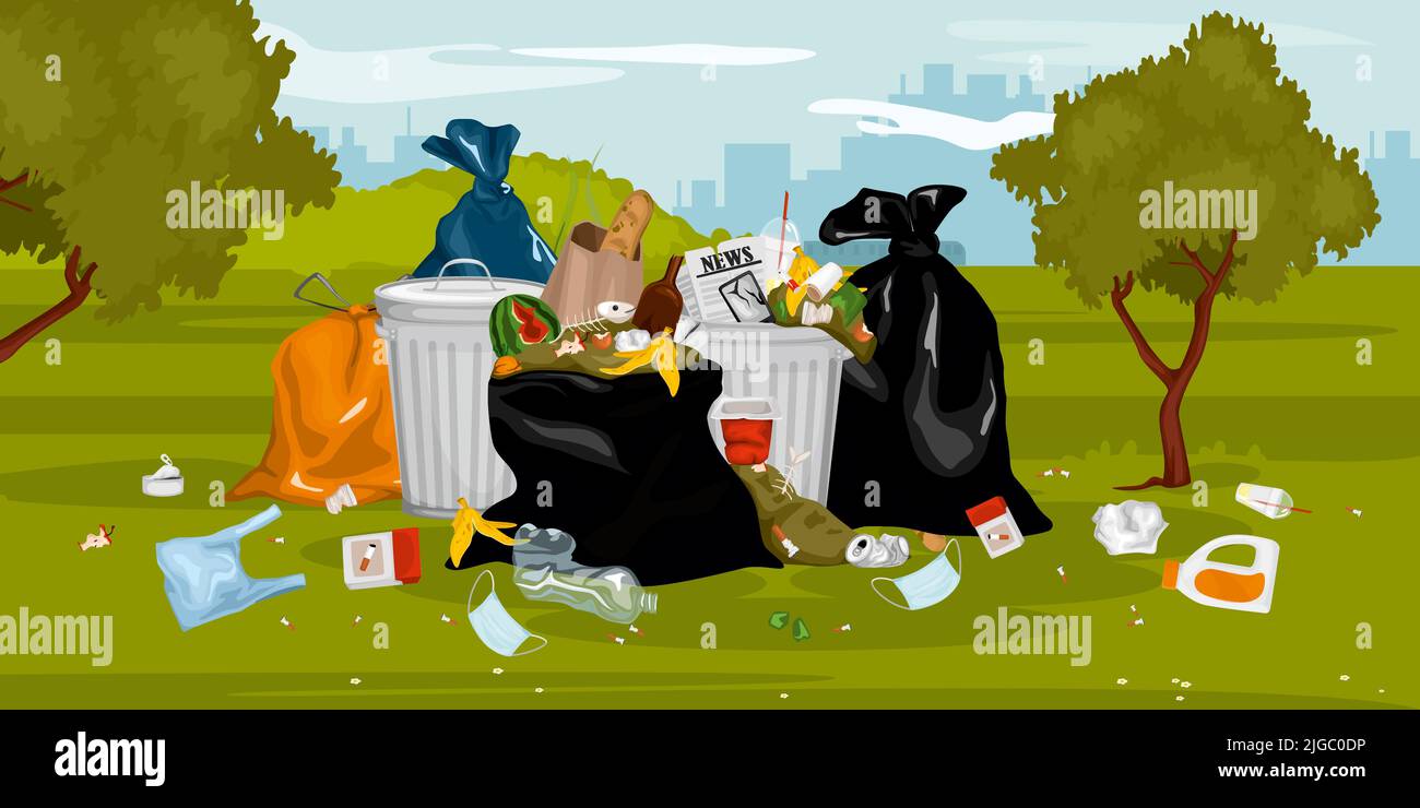 Trash garbage in park composition of outdoor scenery with cityscape and ...