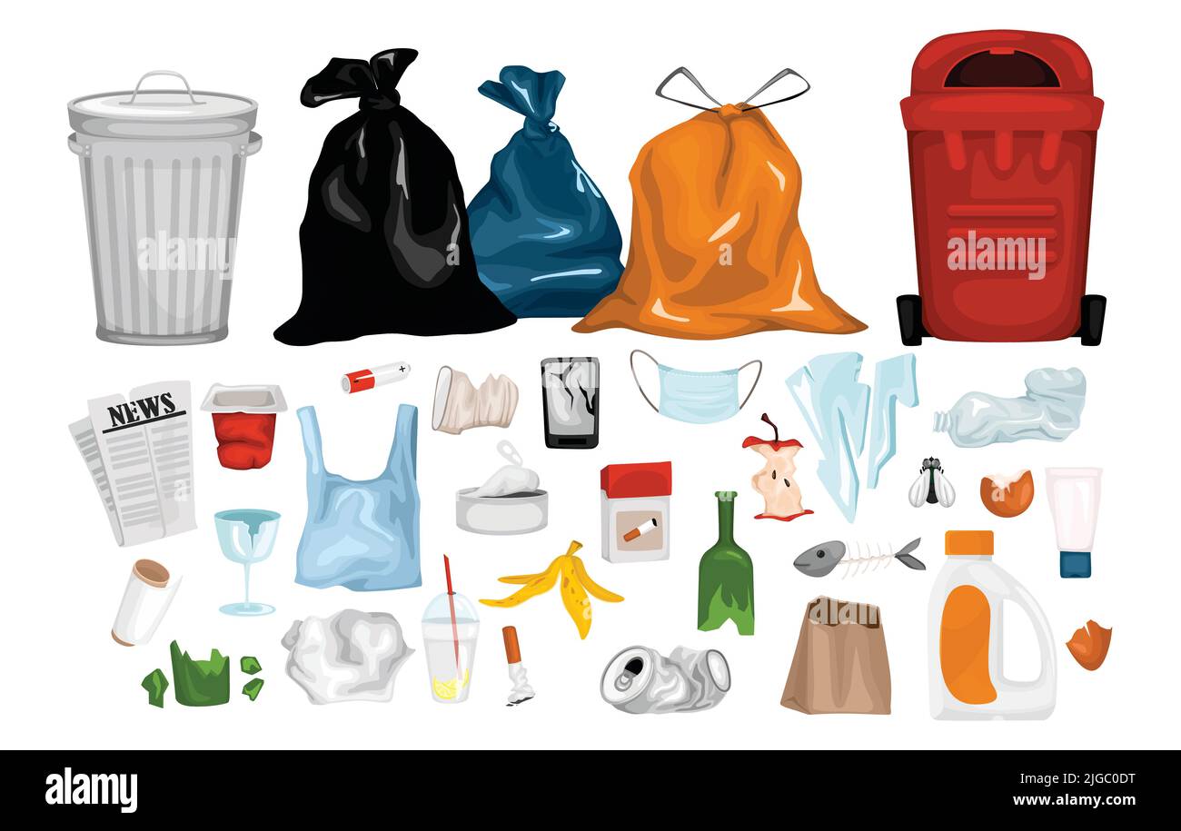 Trash garbage set with isolated icons of rubbish items with paper ...